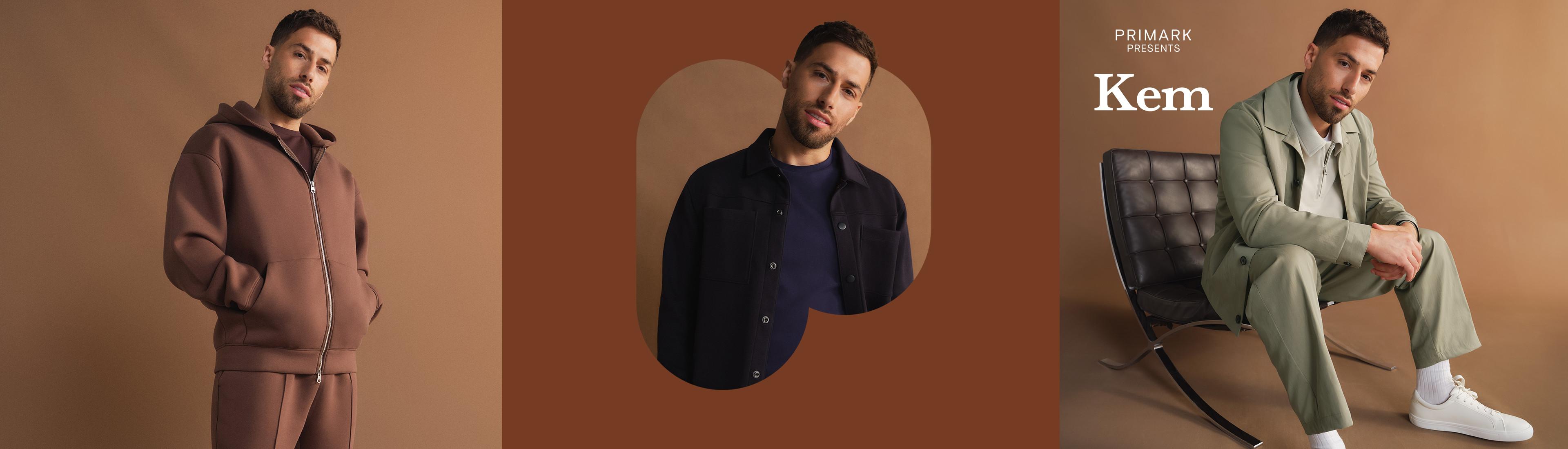 Primark's Kem collection featuring three menswear looks: brown hoodie ...